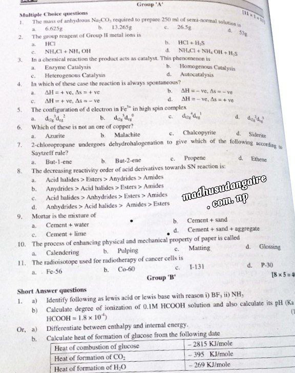 Grade 12 Chemistry Question Papers NEB Board Exam 2079 M S G